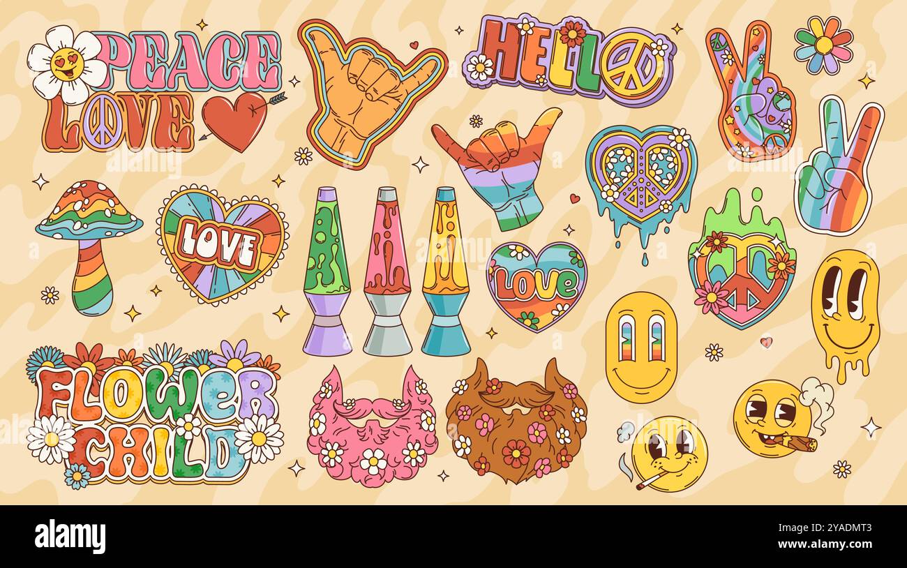 Cartoon retro groovy signs and symbols of vector flowers, smiling ...