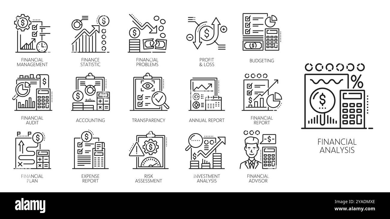 Financial analysis, accounting, tax revenue and budget line icons ...