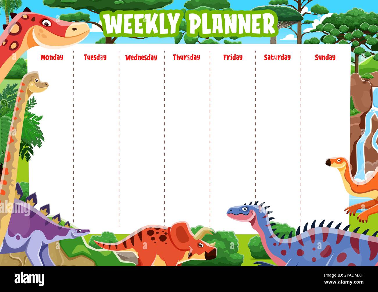 Weekly planner with funny cartoon dinosaur characters. Vector education ...