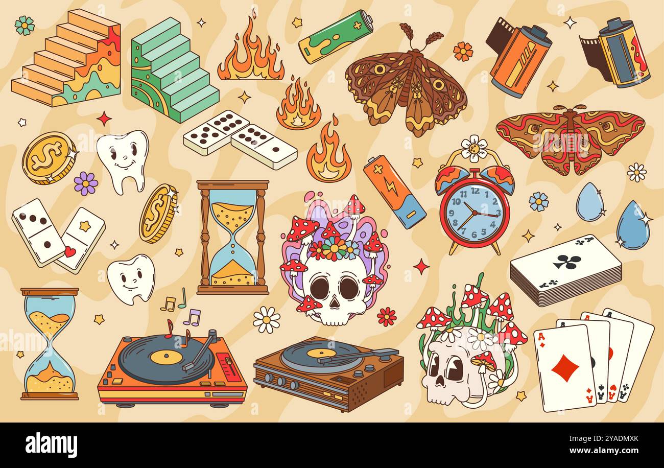 Retro groovy elements and symbols. Vector hippie flowers, butterflies ...