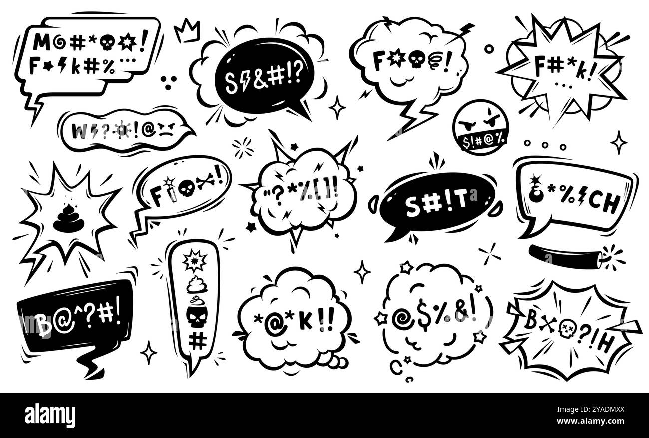 Comic speech bubbles of aggressive expletive curse and hate angry talk ...