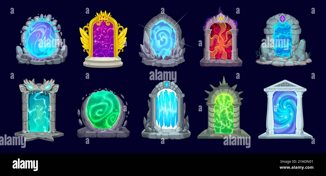 Fantasy fairytale game magic portal doors. Cartoon vector set of ...
