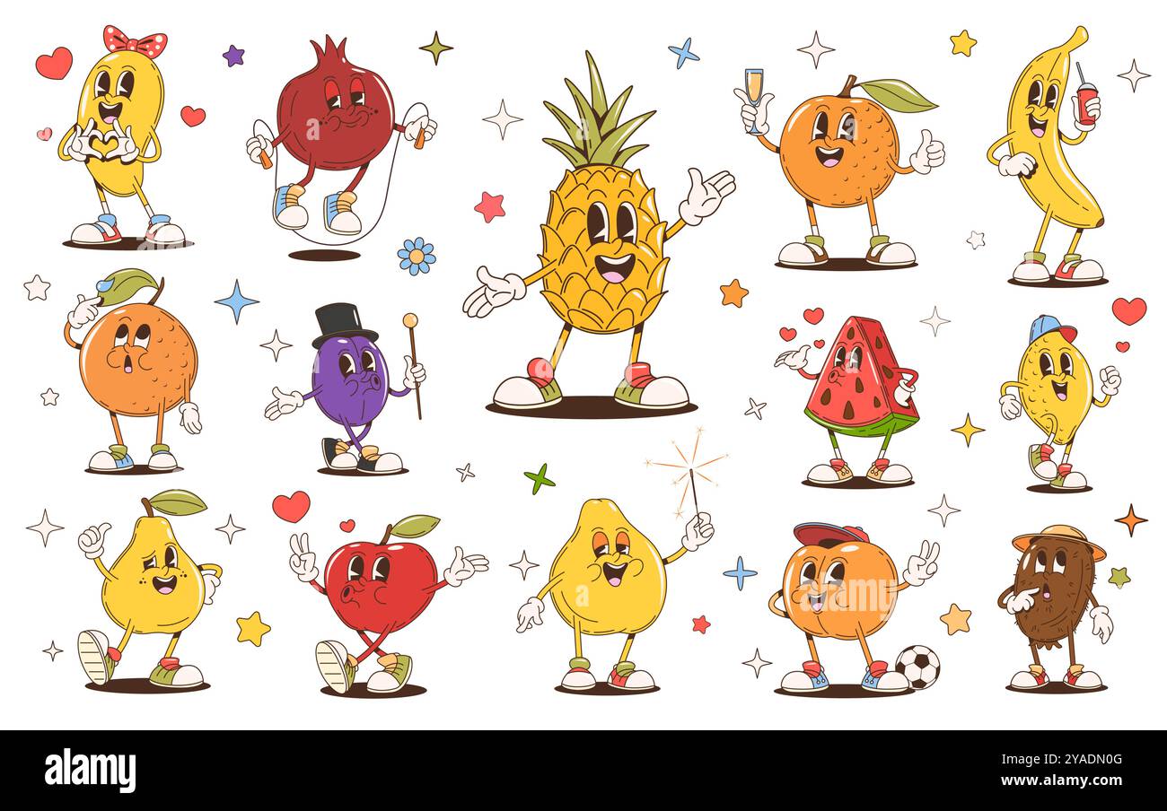 Retro cartoon groovy fruit characters. Vector cute apple, banana, peach and orange personages ...