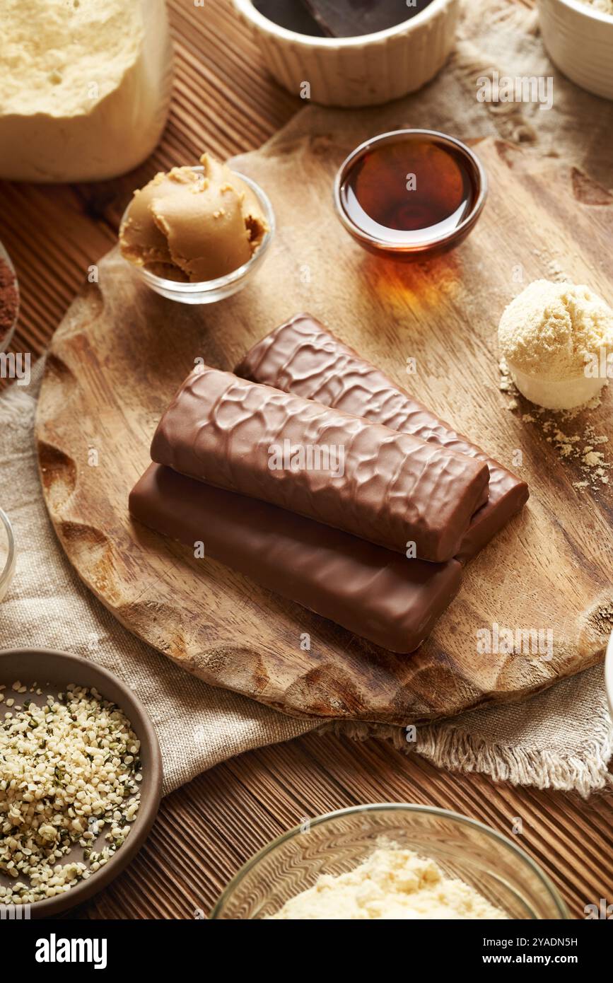 Healthy protein chocolate bars with ingredients - whey protein powder ...