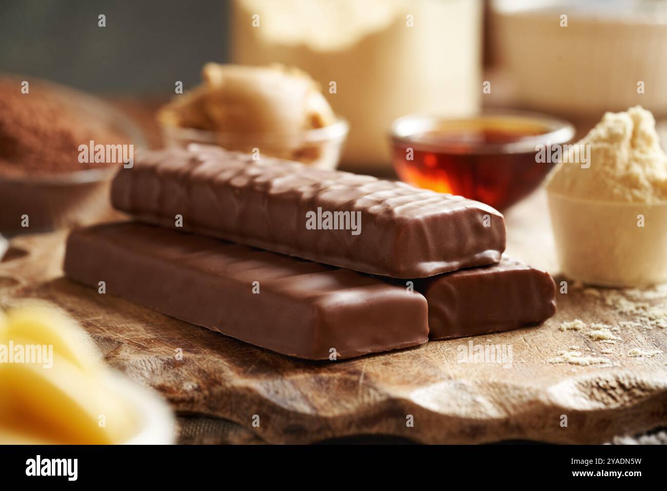 Three healthy protein chocolate bars with ingredients - whey protein ...