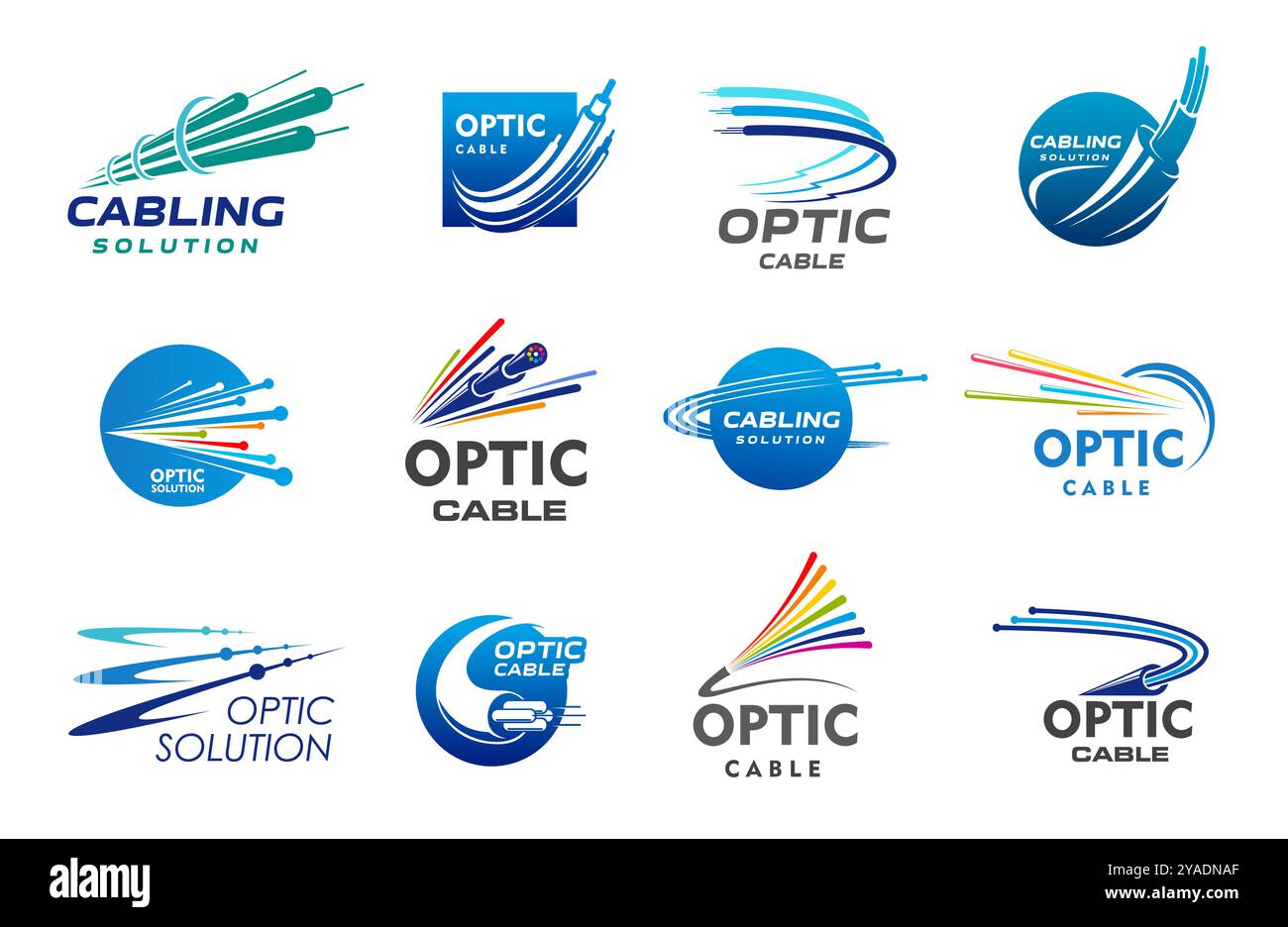 Fiber optic cable icons, internet network and telecommunication technology. Vector broadband ...