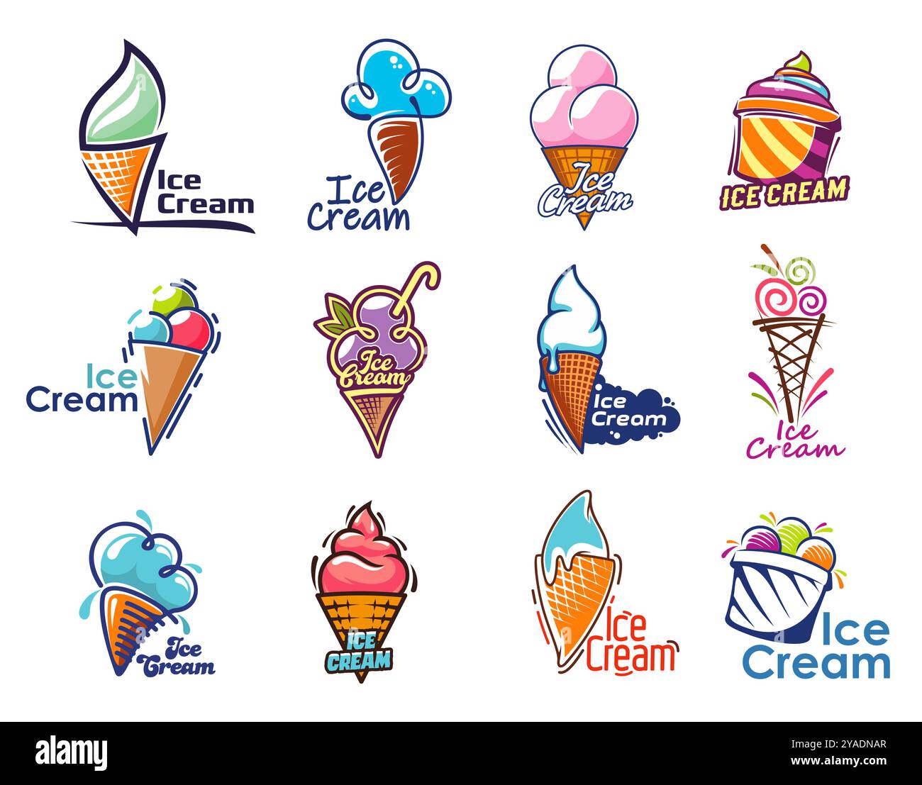 Ice cream symbols, gelato dessert, waffle cones, sundae scoops and soft ...