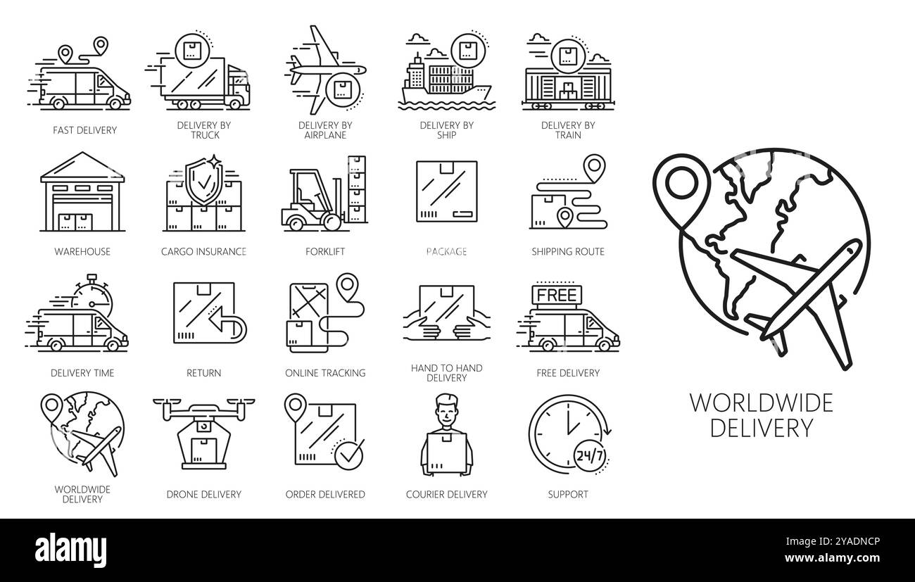 Logistics line icons. Supply chain, delivery and storage, cargo service ...