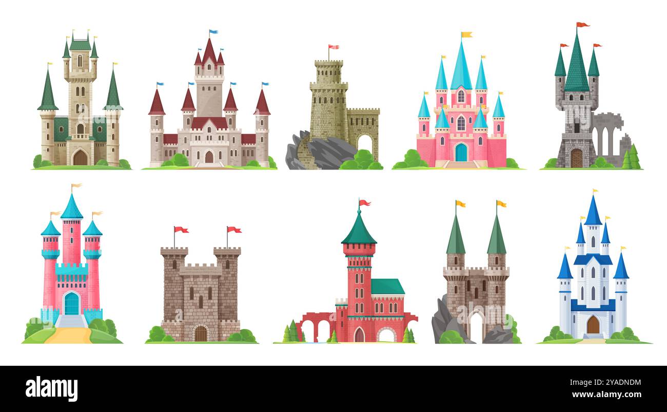 Cartoon kingdom palace castle, fairytale fortress vector buildings with flags, towers and color ...