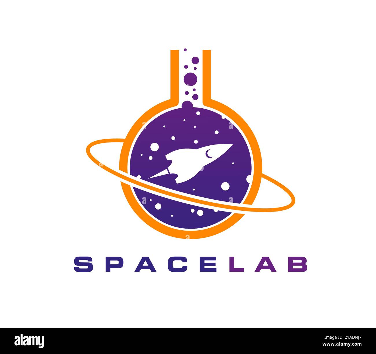 Galaxy space icon with rocket ship inside circular laboratory beaker ...