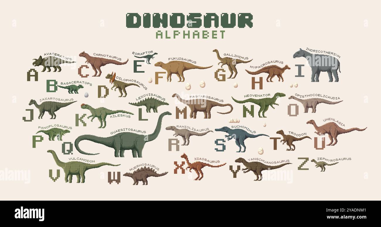 Kids dinosaur alphabet in 8 bit pixel art with prehistoric lizards font ...