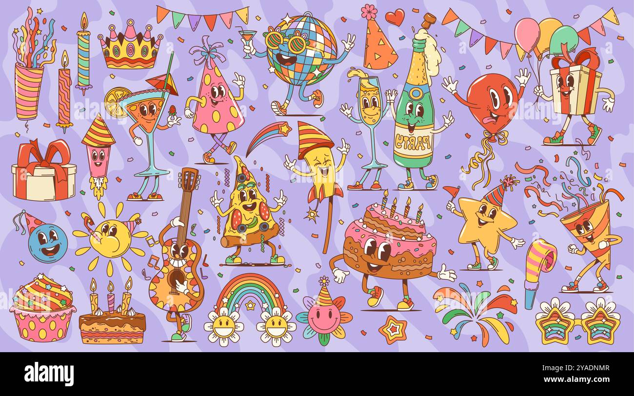 Cartoon retro groovy birthday and anniversary holiday party hippie ...