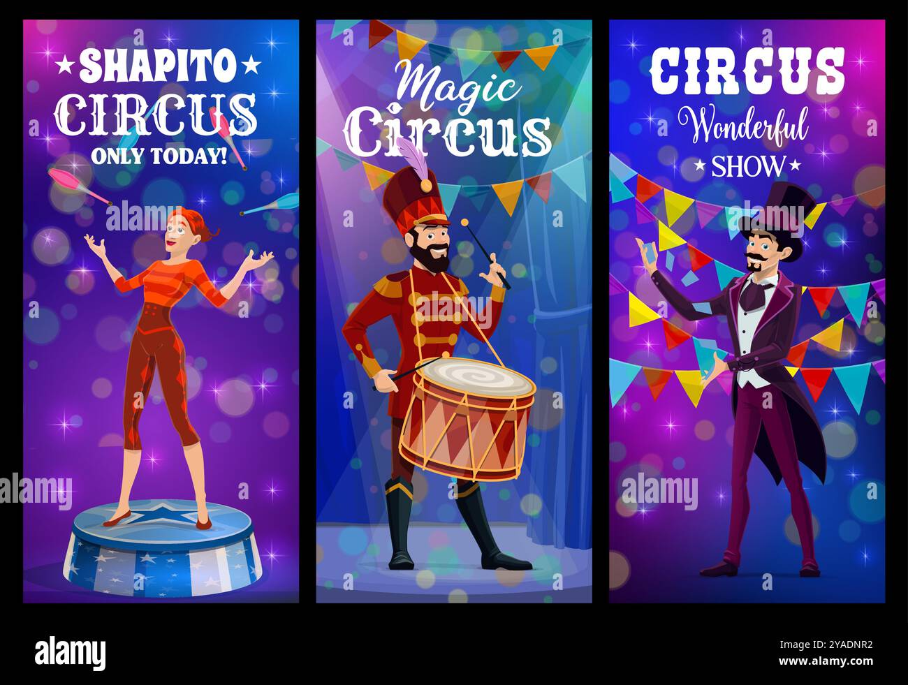 Circus show vector banners with cartoon carnival chapiteau magician ...