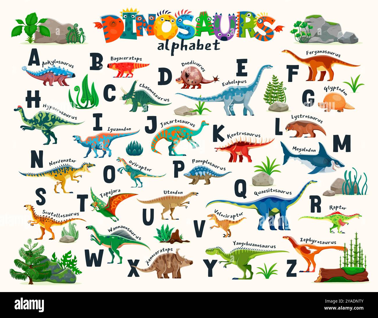 Kids dinosaurs alphabet, prehistoric animals, plants and volcano rocks ...