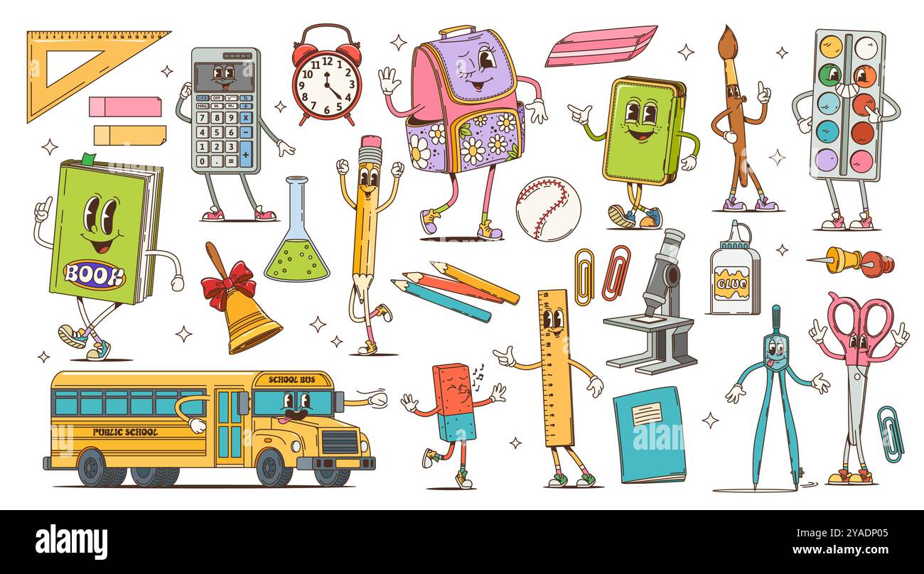 Cartoon retro groovy school education stationery characters. Cute ...