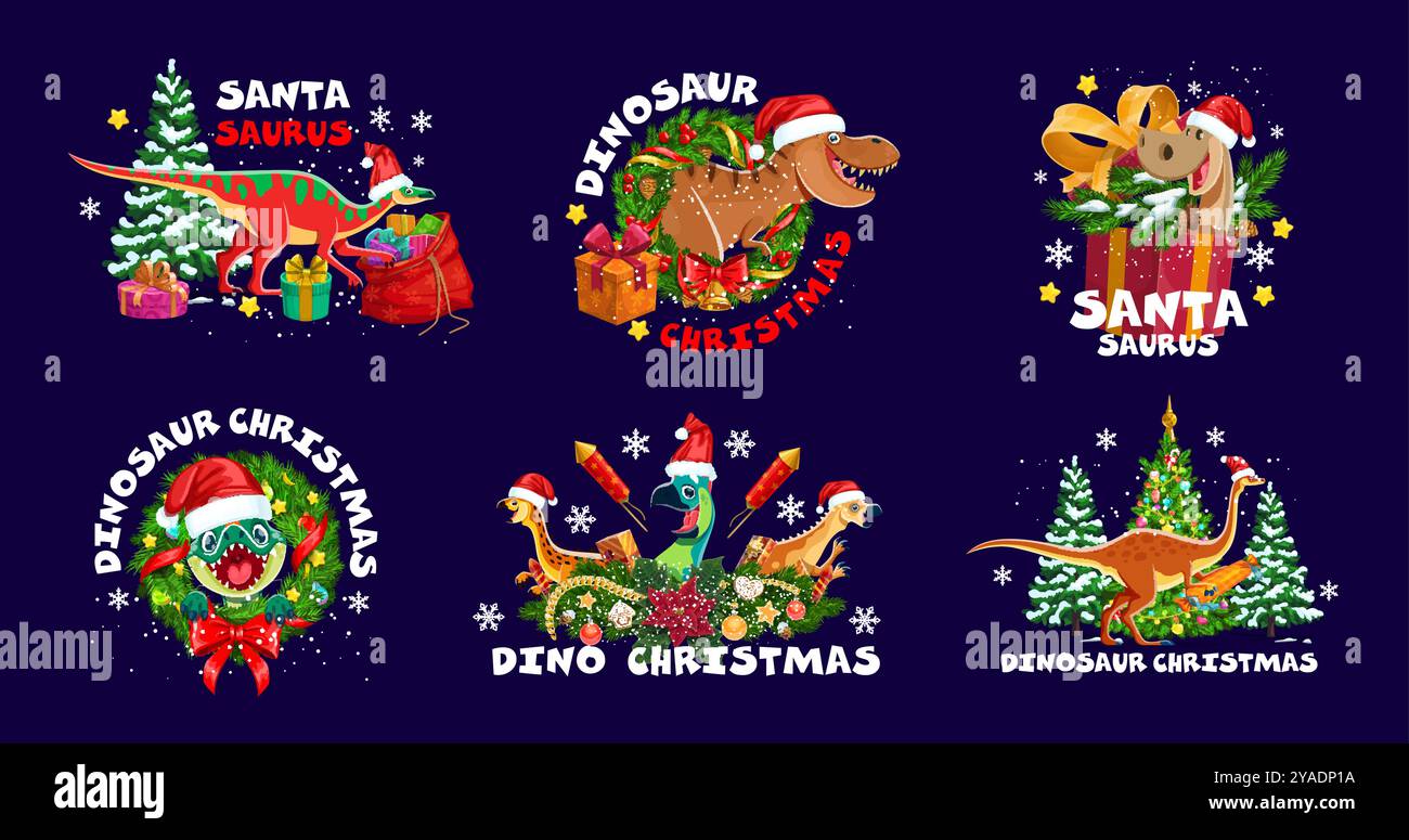 Christmas dinosaur greetings. Cartoon vector festive dino animals ...