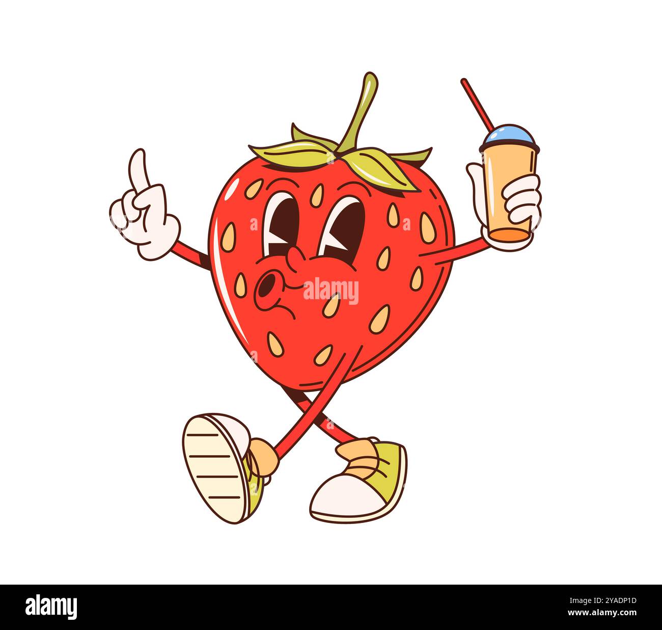 Retro groovy strawberry berry character walking with a cup. Isolated ...