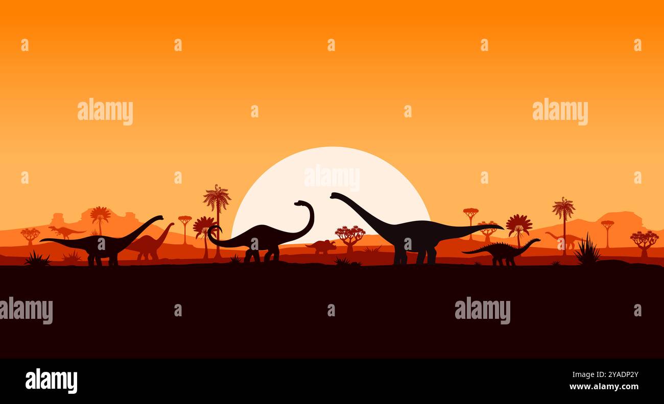 Dinosaurs silhouettes on sunset landscape with prehistoric palm trees ...