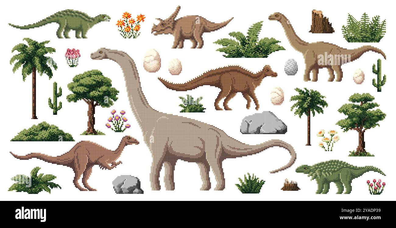 8 bit pixel art prehistoric dinosaurs for game assets, vector lizards ...