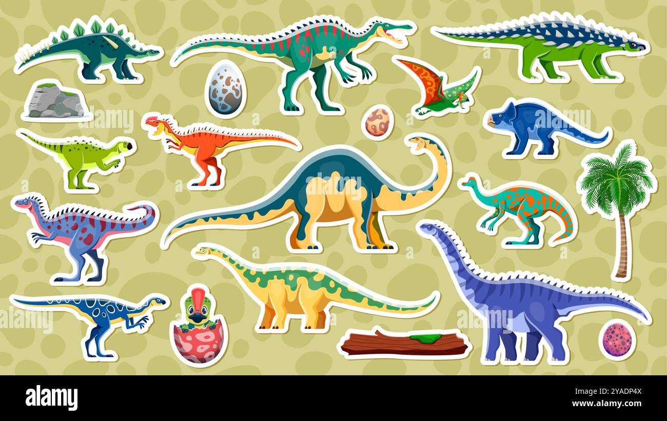 Prehistoric dinosaur stickers, vector dino species, eggs and elements ...