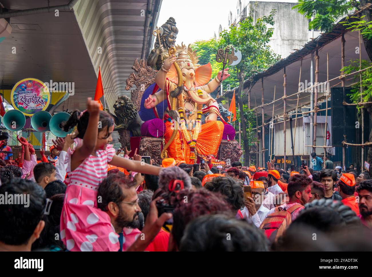 MUMBAI, INDIA - Sept 28, 2023 : Thousands of devotees bid adieu to tallest Lord Ganesha with ...