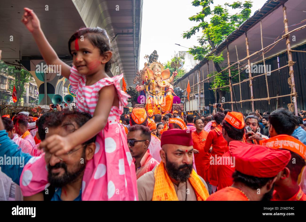 MUMBAI, INDIA - Sept 28, 2023 : Thousands of devotees bid adieu to tallest Lord Ganesha with ...