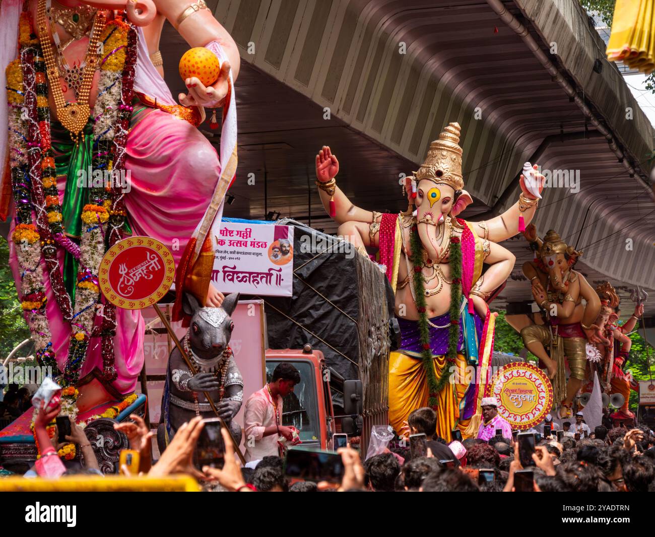 MUMBAI, INDIA - Sept 28, 2023 : Thousands of devotees bid adieu to tallest Lord Ganesha with ...