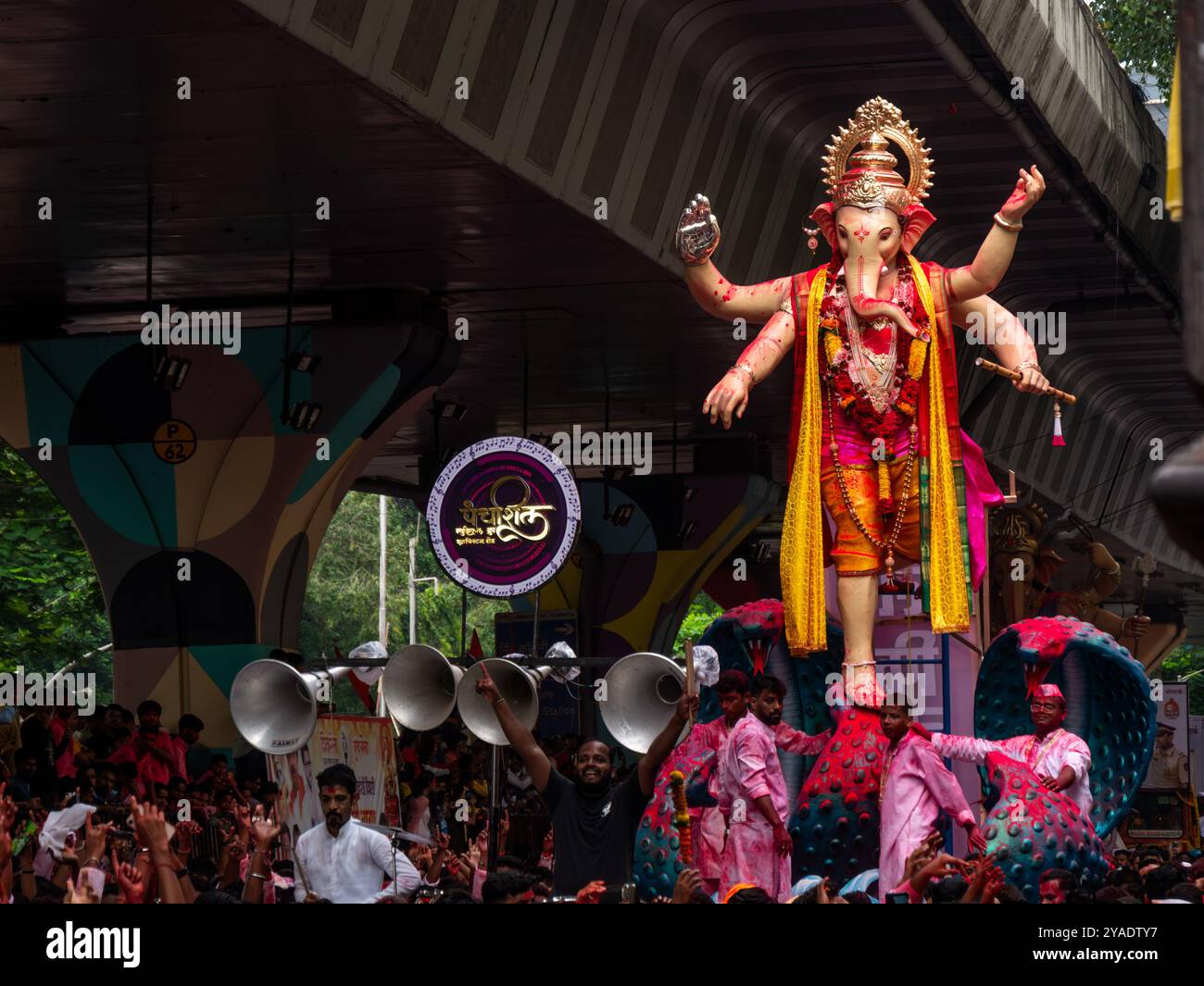 MUMBAI, INDIA - Sept 28, 2023 : Thousands of devotees bid adieu to tallest Lord Ganesha with ...