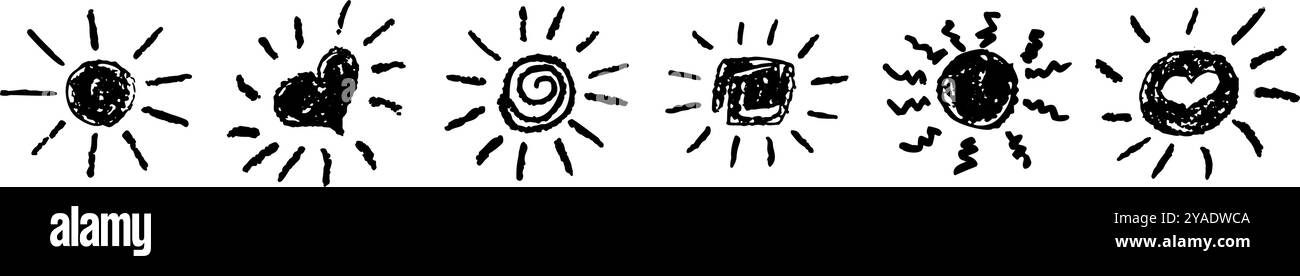 Set of fun like kid drawing black sun. Collection painted with pastel ...