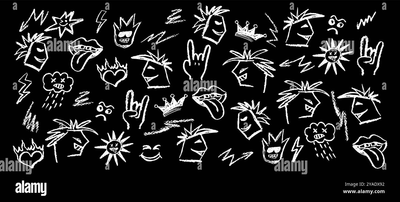 Grunge rock set on blackboard of doodle elements. Wax pencil drawing ...