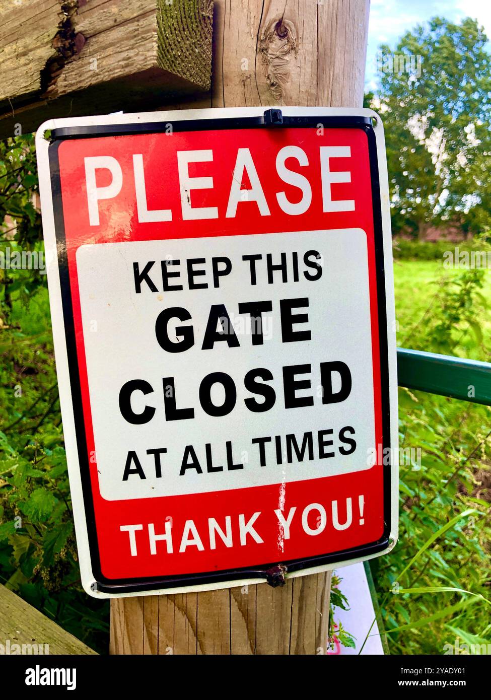 A sign on a farm requesting gate to be closed at all times Stock Photo ...