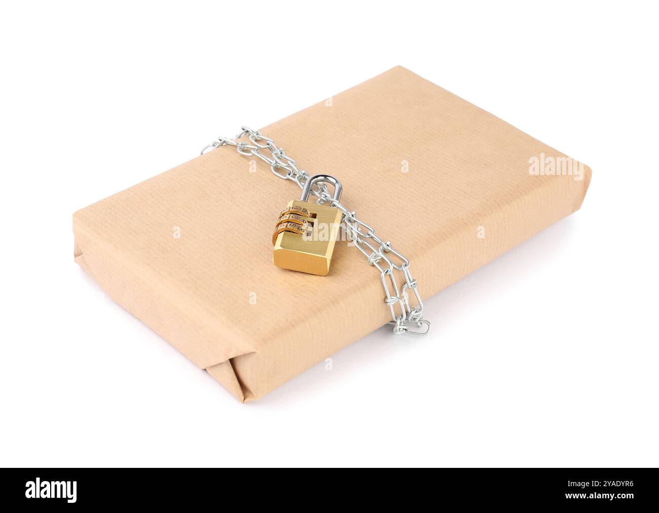 One parcel with chain and padlock isolated on white Stock Photo - Alamy
