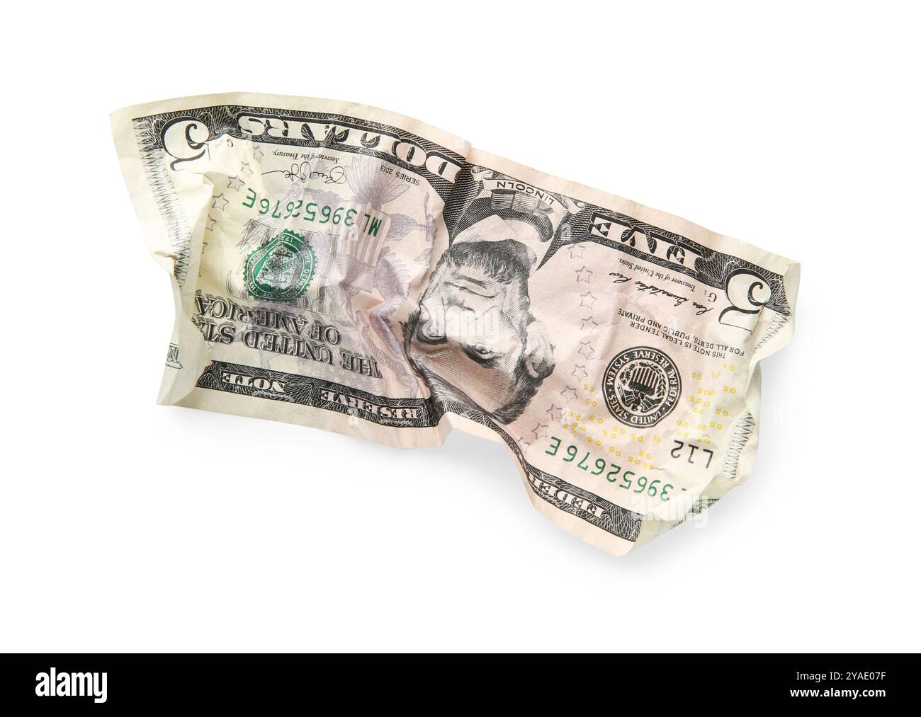 One crumpled dollar banknote isolated on white, top view Stock Photo ...