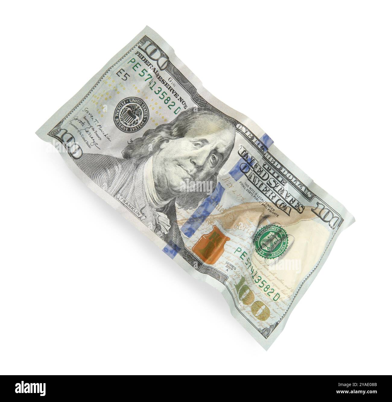 One crumpled dollar banknote isolated on white, top view Stock Photo ...