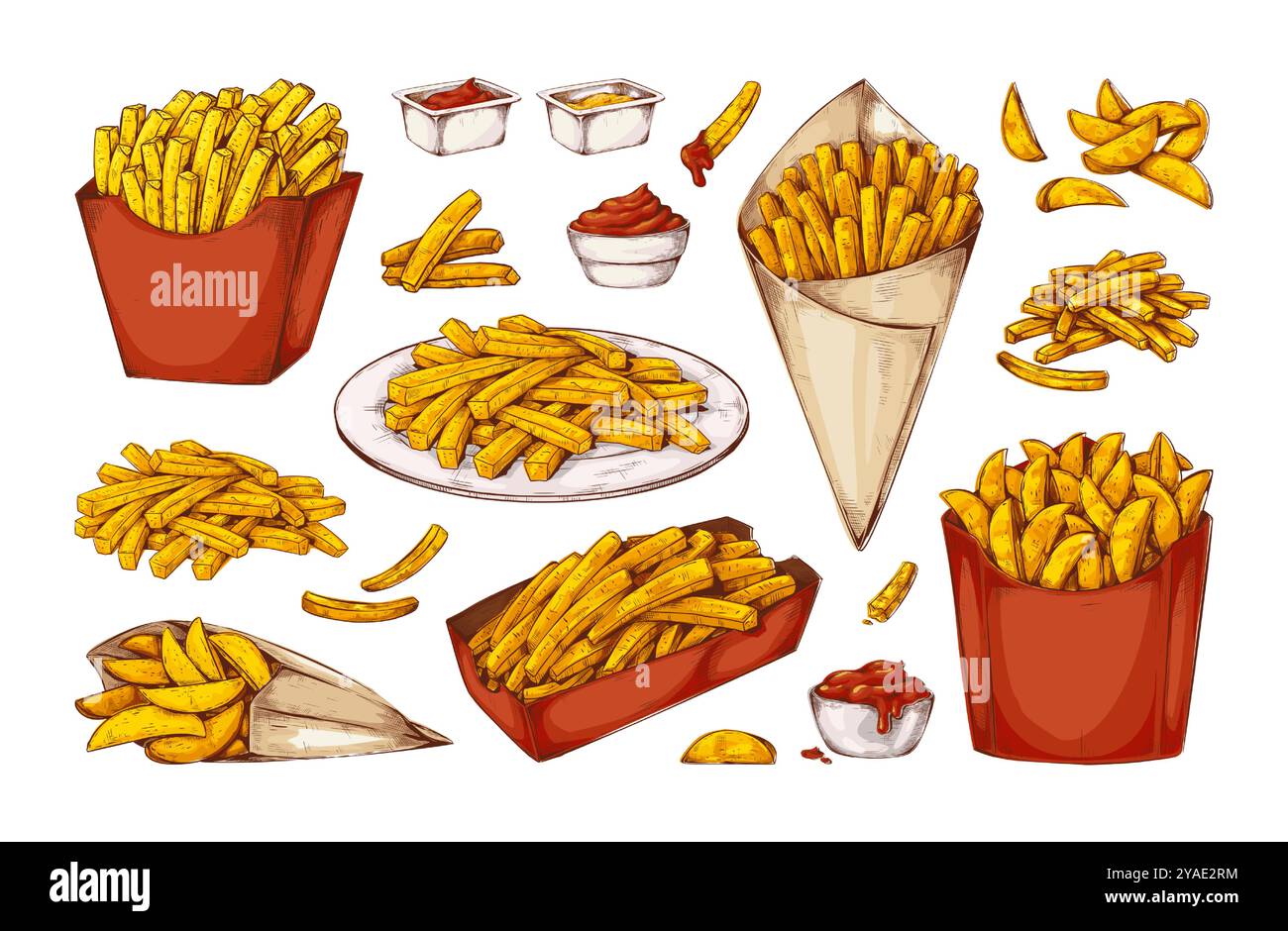 Potato with ketchup. French fries on plate, in paper dip cone with red ...