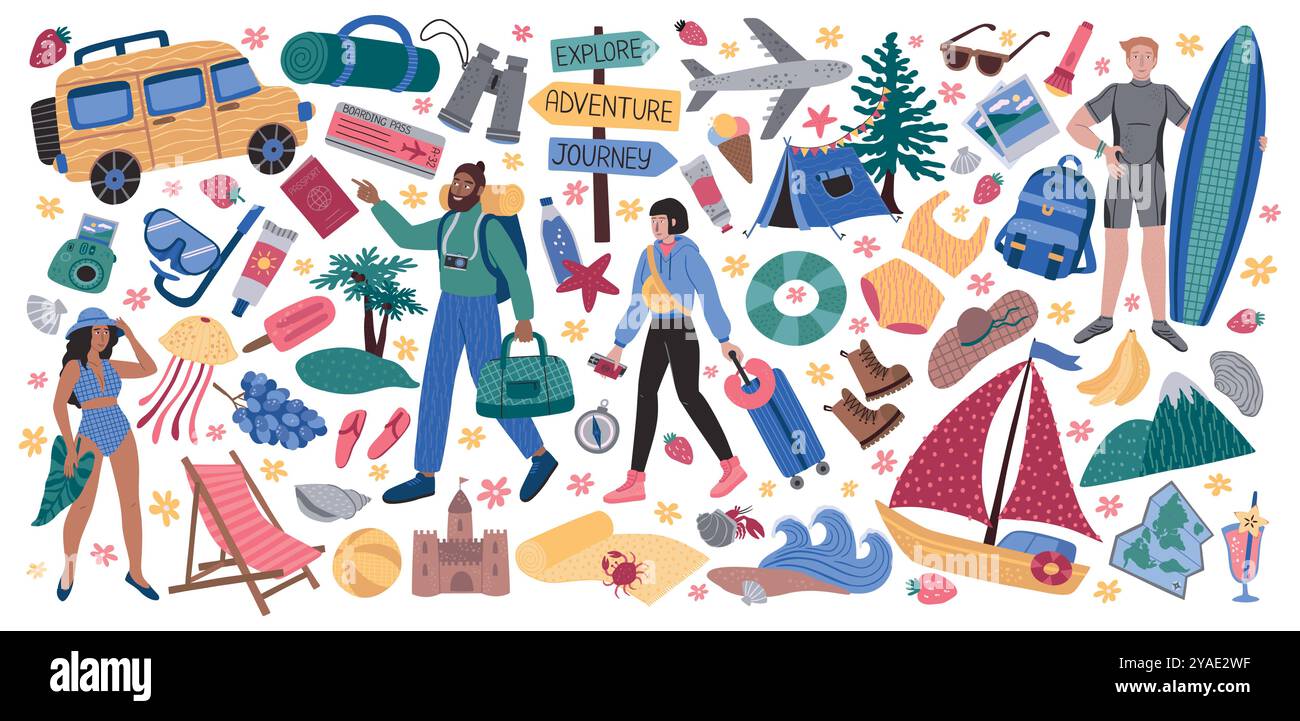 Travel. Vacation adventures, people trip with backpack compass and map ...