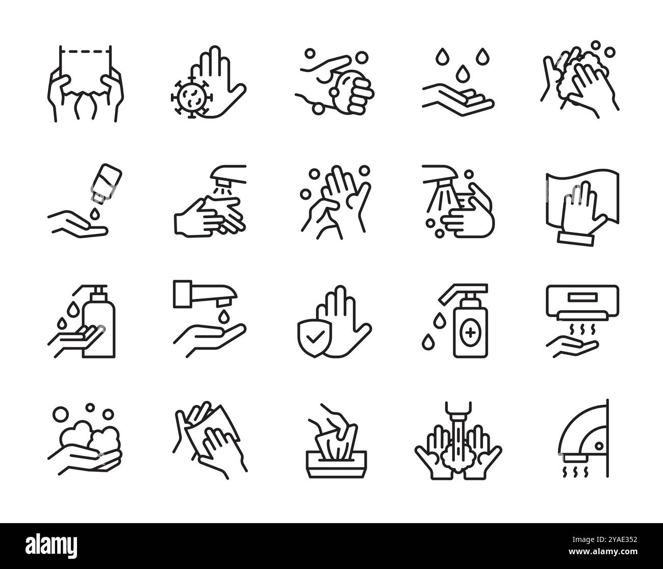 Hand wash icons. Clean palms with water and soap suds. Rub foam dryer ...
