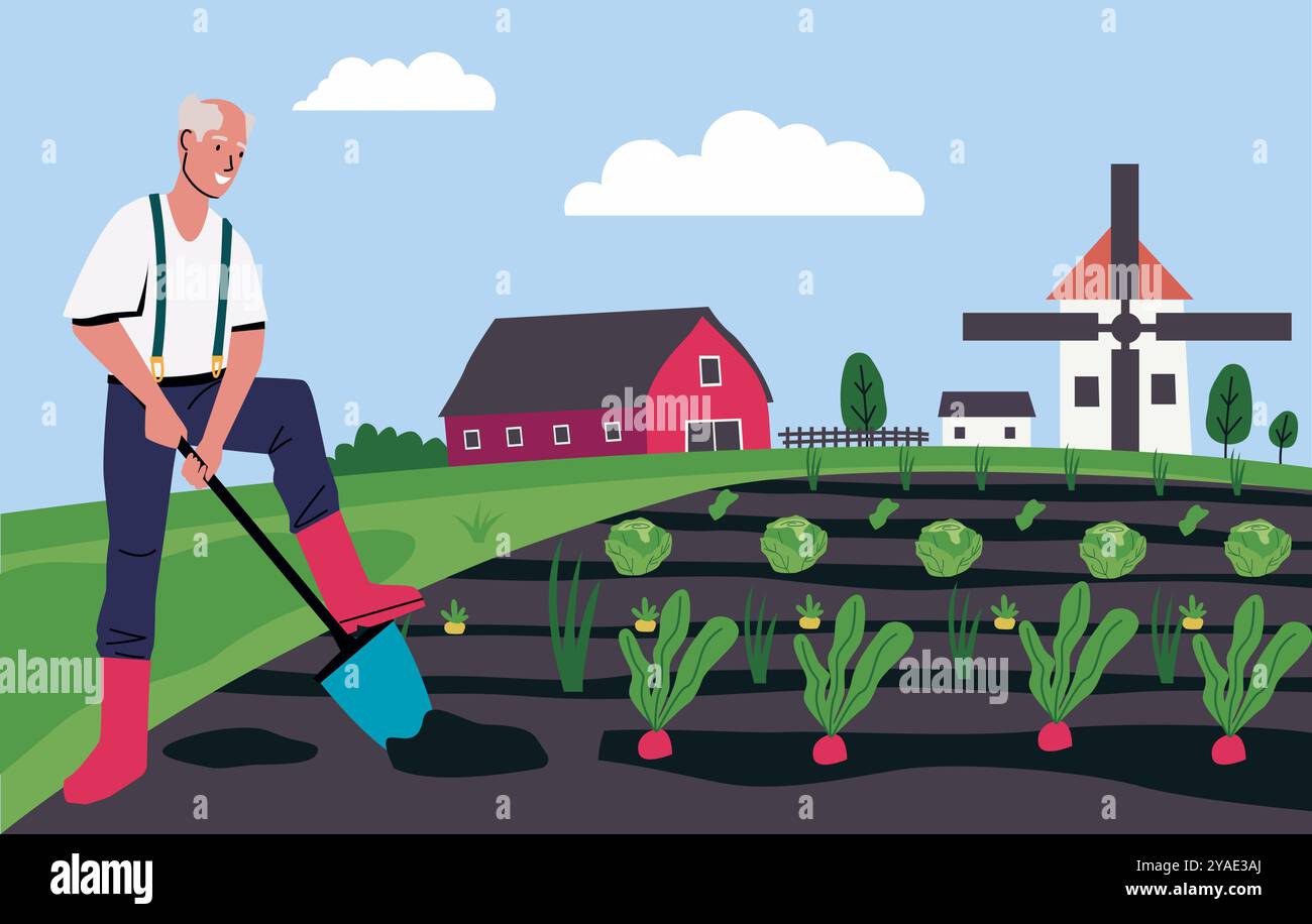 Cartoon countryside. Happy agriculture worker growing vegetables. House ...