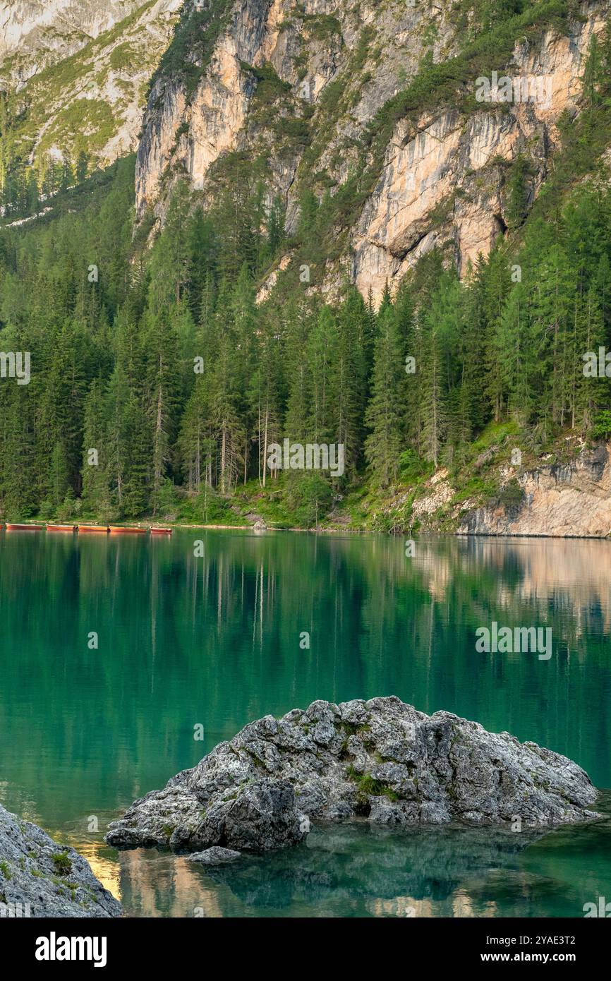 Rugged Rocks Reflecting in the Emerald Waters of Pragser Wildsee, with ...