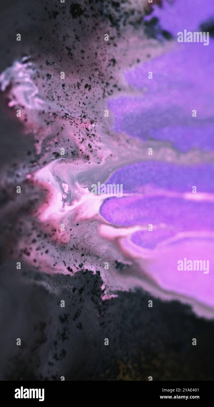 Shimmering drip art. Paint wave flow. Blur pink black purple color ink ...