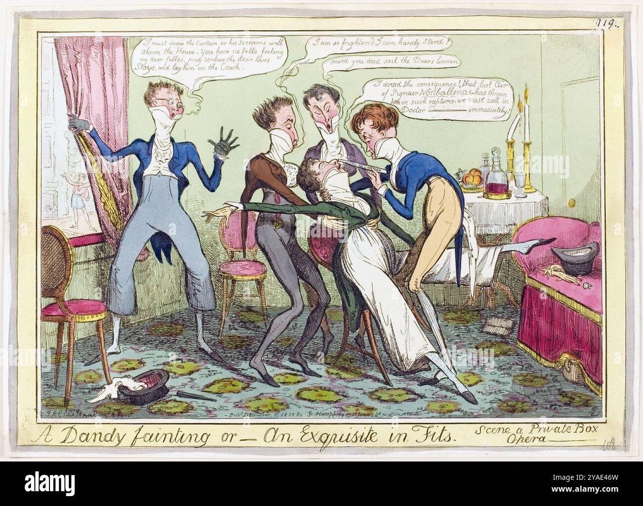 A funny humorous cartoon print coloured engraving of a Dandy fainting ...