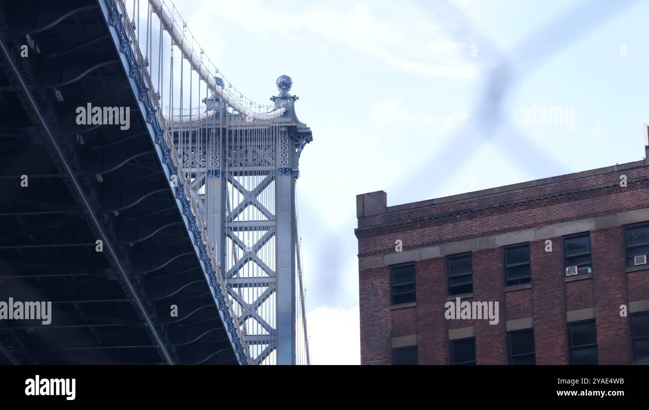 New York City Manhattan Bridge in Dumbo, Brooklyn. Red brick building ...