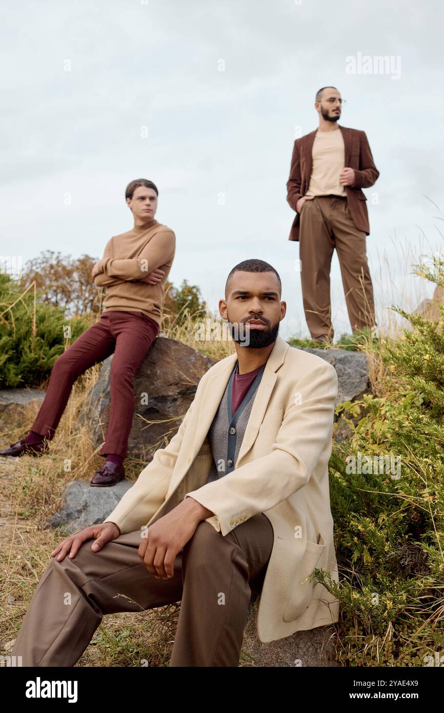 Three handsome men pose in a scenic field, embracing stylish autumn ...