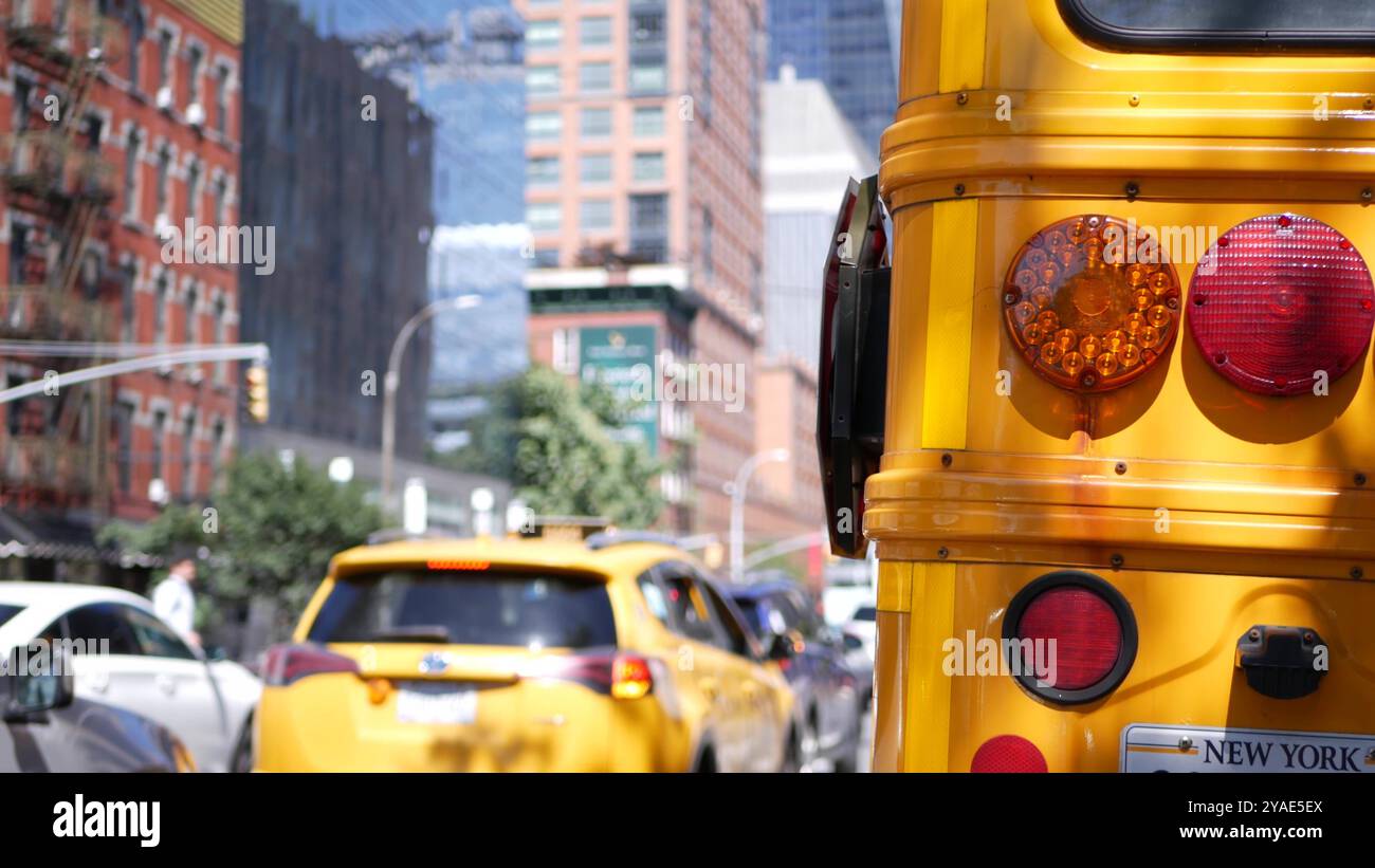 Yellow School Bus on New York Manhattan street, schoolbus truck on city ...