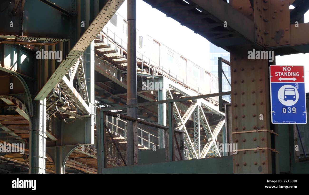New York elevated subway, metropolitan bridge, metro track above street ...