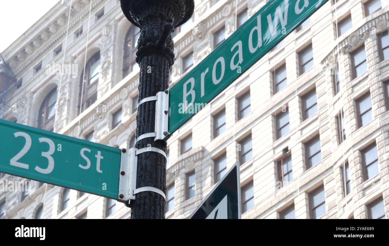 Broadway street road sign, Manhattan midtown district architecture, New ...
