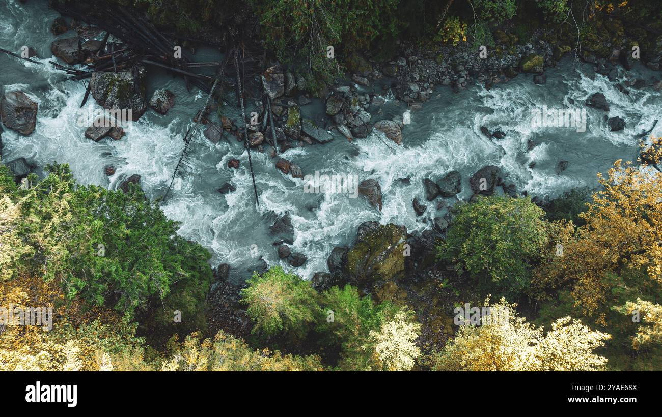 Aerial view of the Nooksack River upstream from Nooksack Falls in the ...