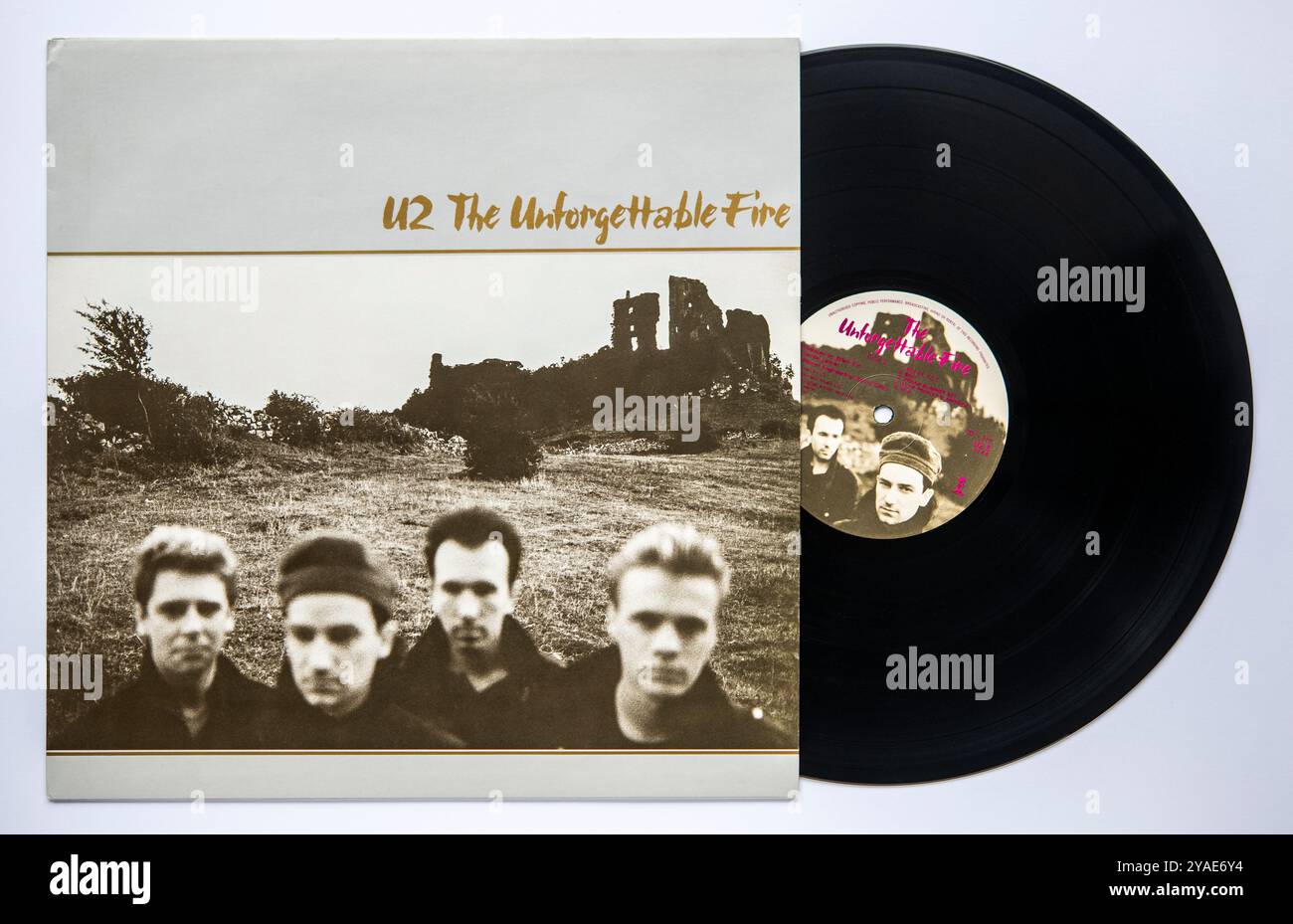Inner sleeve and vinyl of The Unforgettable Fire, the fourth studio album by Irish rock band U2 ...