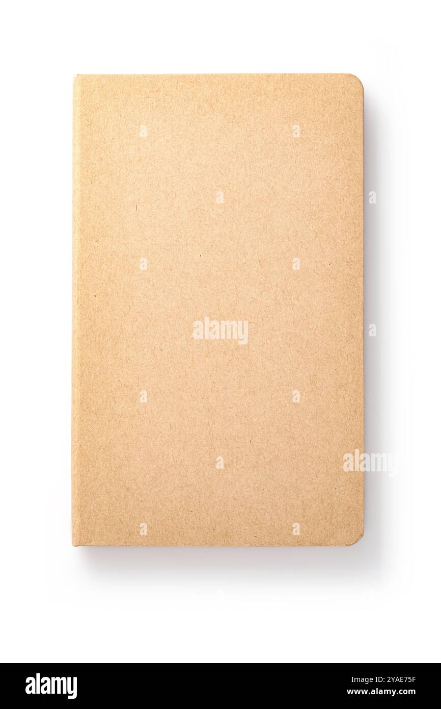 A blank kraft notebook lying flat on a white surface ready for creative ...