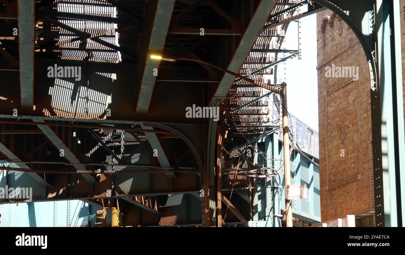 New York elevated subway, metropolitan bridge, metro track above street ...